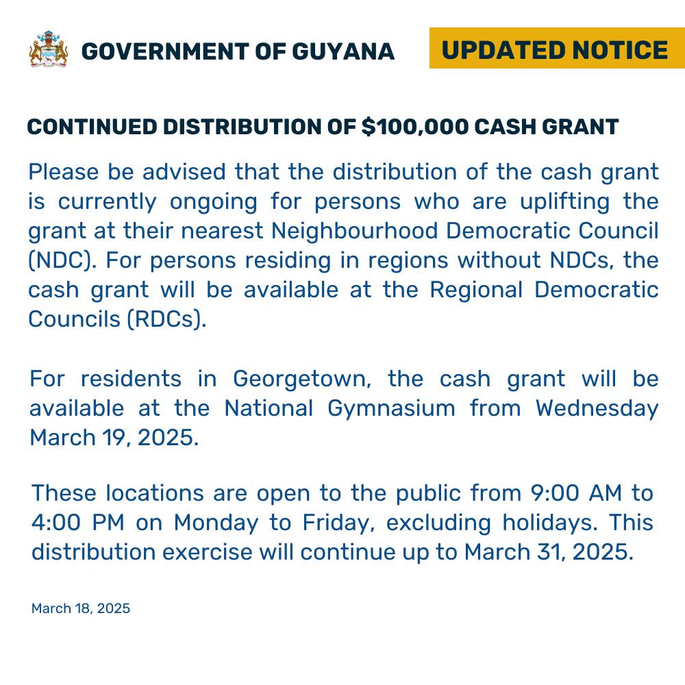 Extended cash grant distribution to be wrapped up by March 31 - Guyana ...