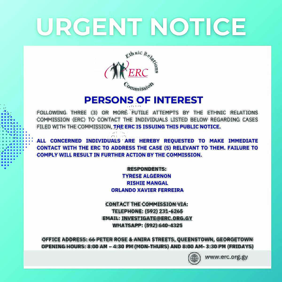 ERC names 3 as persons of interest after failed contact attempts ...